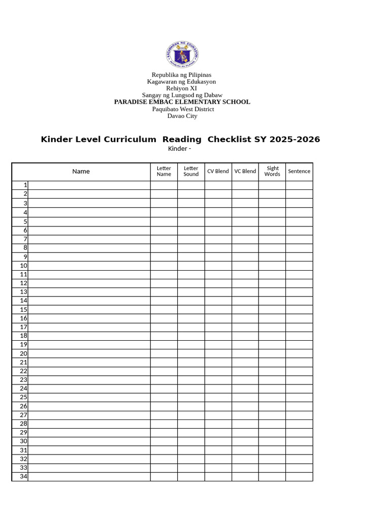 Kinder to Grade 6 Reading Checklist 2025-2026 | PDF