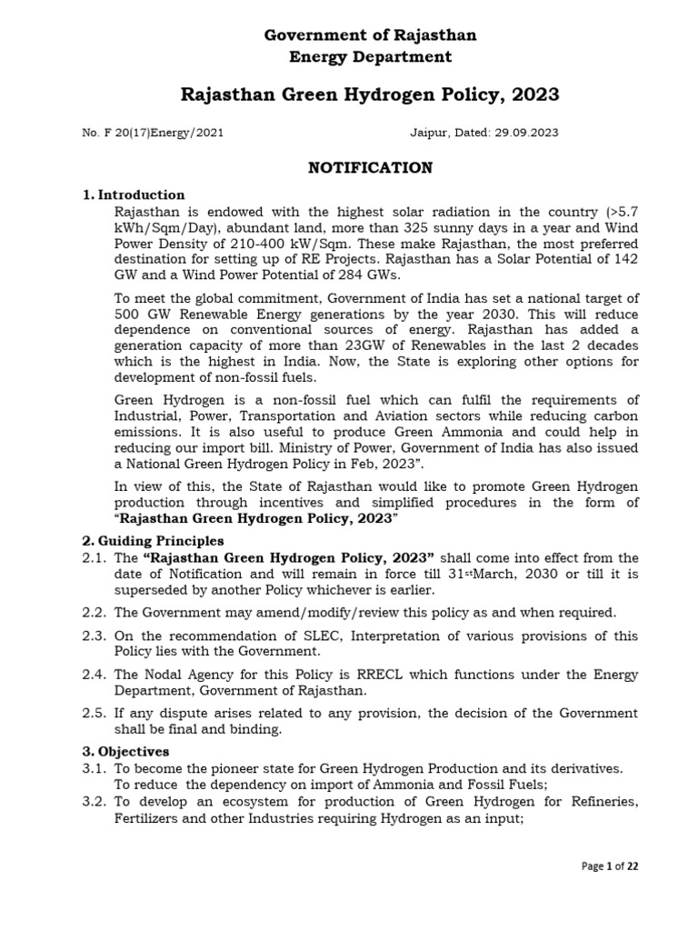 Rajasthan Green Hydrogen Policy 2023 | PDF | Solar Power | Renewable Energy