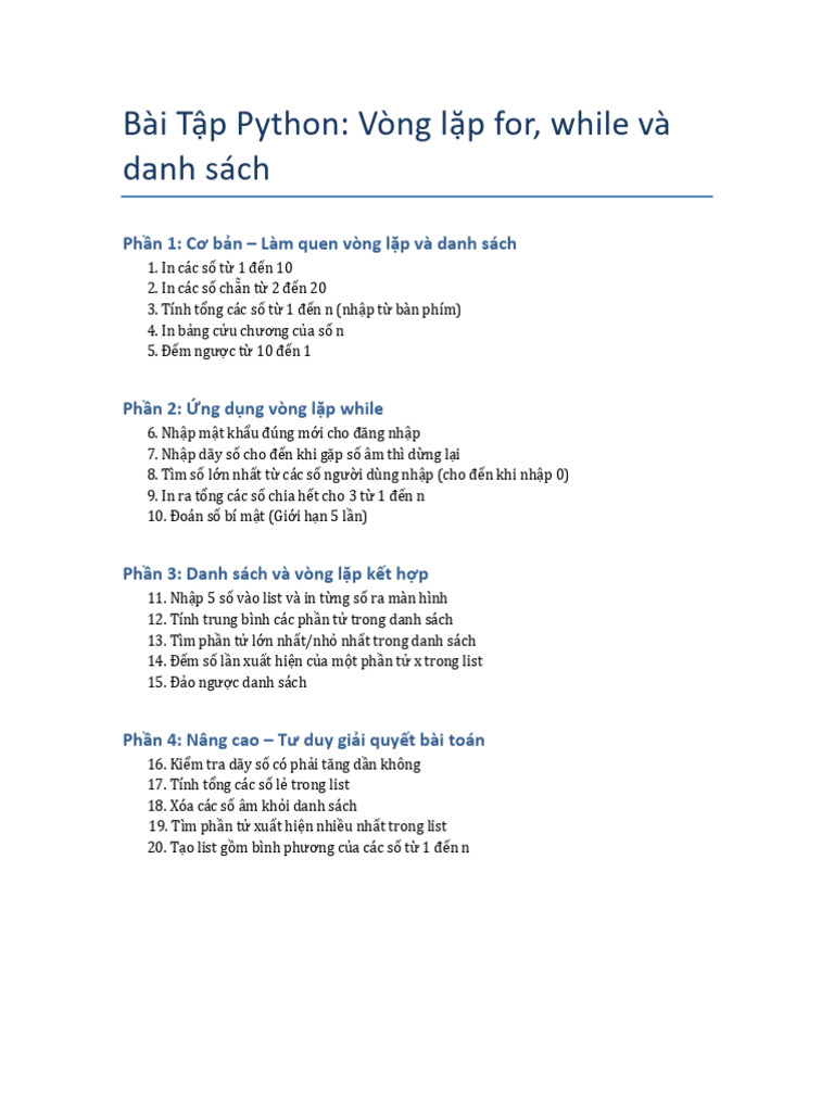 Bai Tap Python Vong Lap Va List | PDF