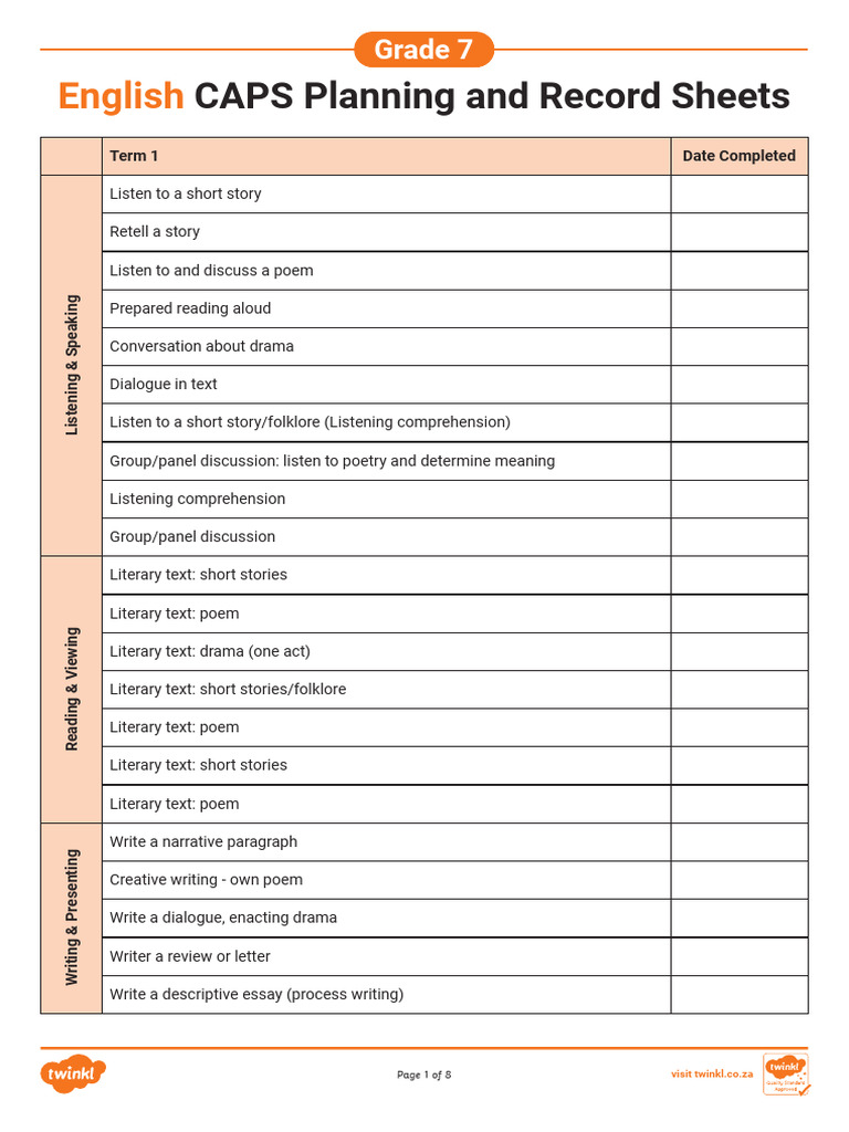 Grade 7 English CAPS Term Planning Sheets | PDF | Adjective | Verb
