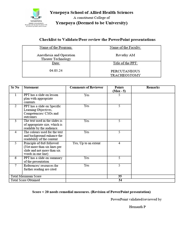 PowerPoint Review Checklist for Anesthesia | PDF