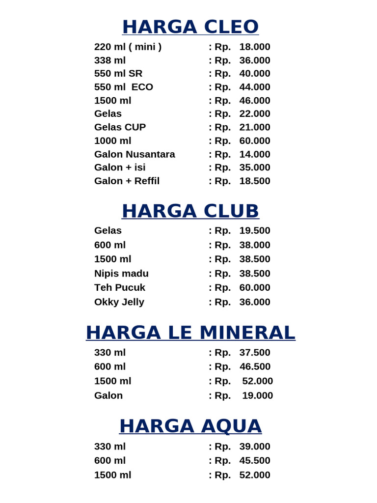 Daftar HARGA Aqua | PDF