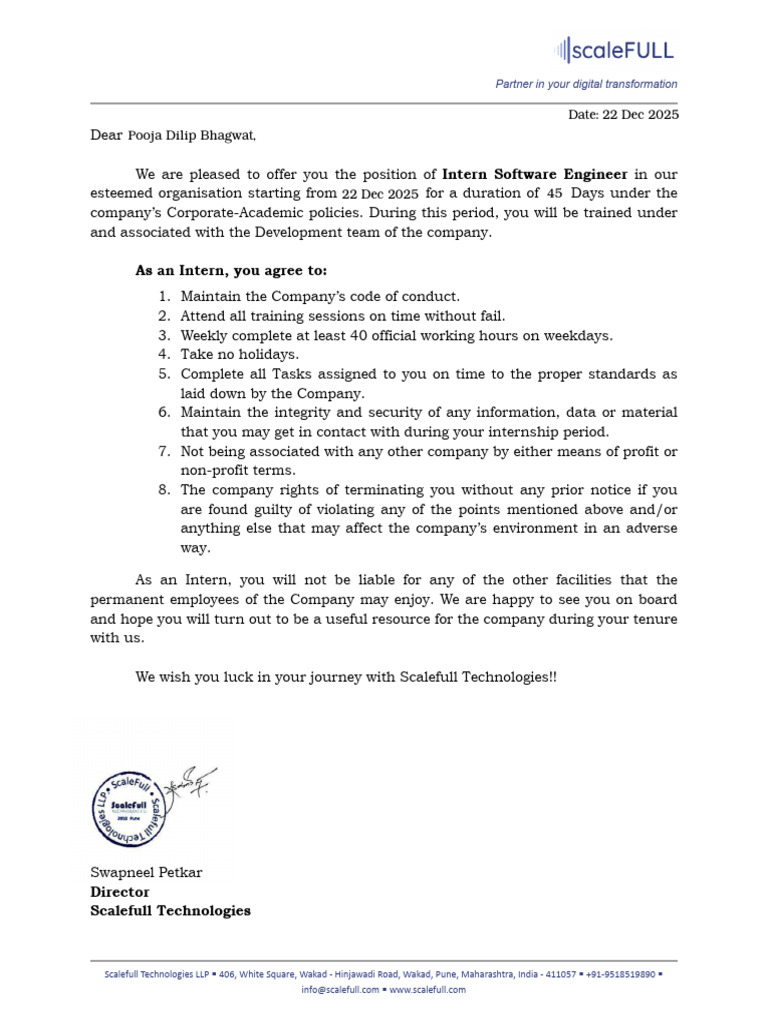 Intern Software Engineer Offer Letter | PDF