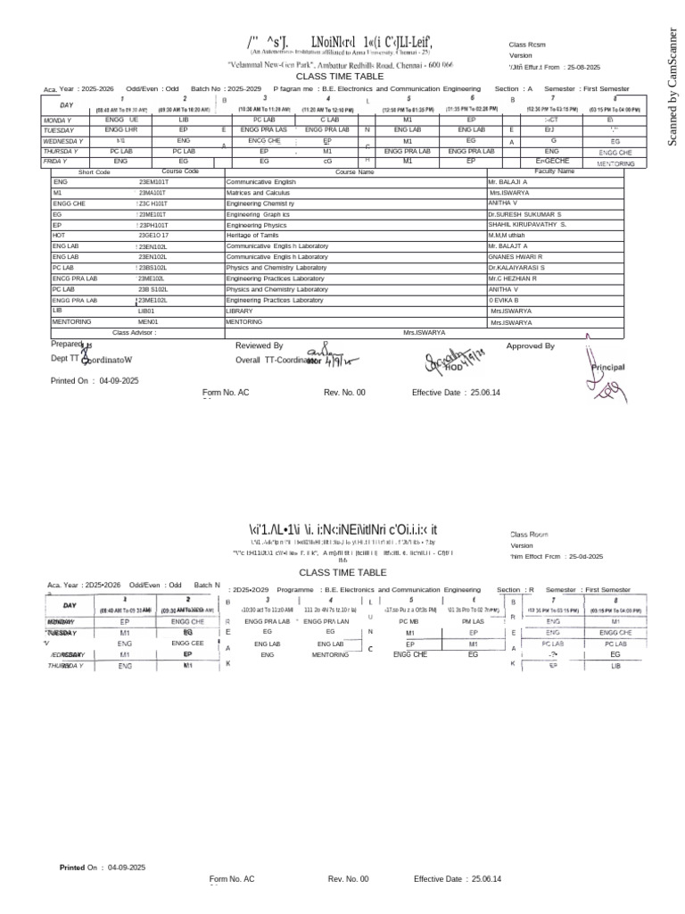 1st Sem Class TT - 2025-26 (Odd) | PDF | Engineering | Science