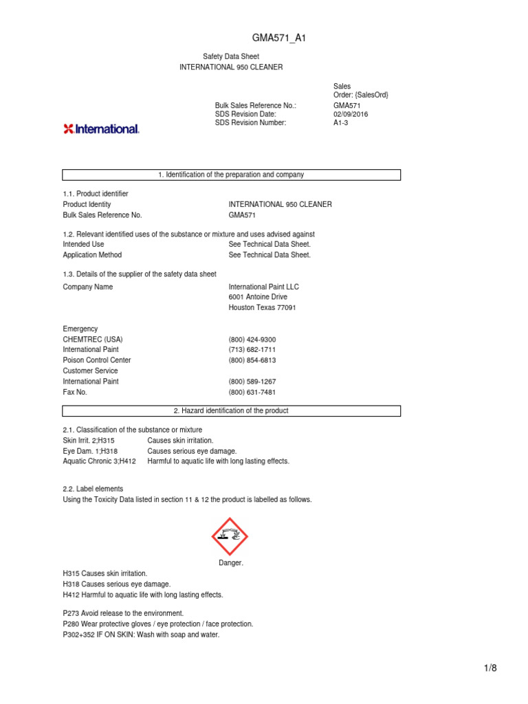 International 950 Cleaner Safety Data Sheet | PDF | Toxicity | Personal ...