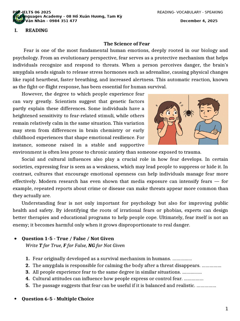 Reading - Vocabulary Fear - Speaking | PDF | Fear | Phobia