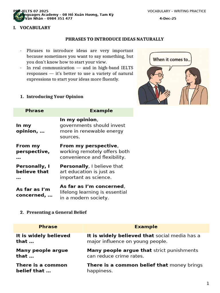 20251101 Vocabulary Introducing Ideas - Practice | PDF | Behavioural ...