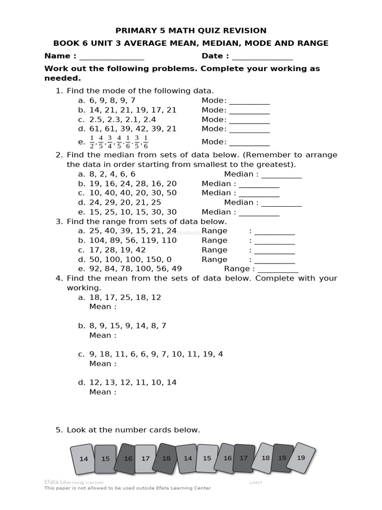 Primary 5 Math Quiz: Mean, Median, Mode | PDF | Mean | Chess