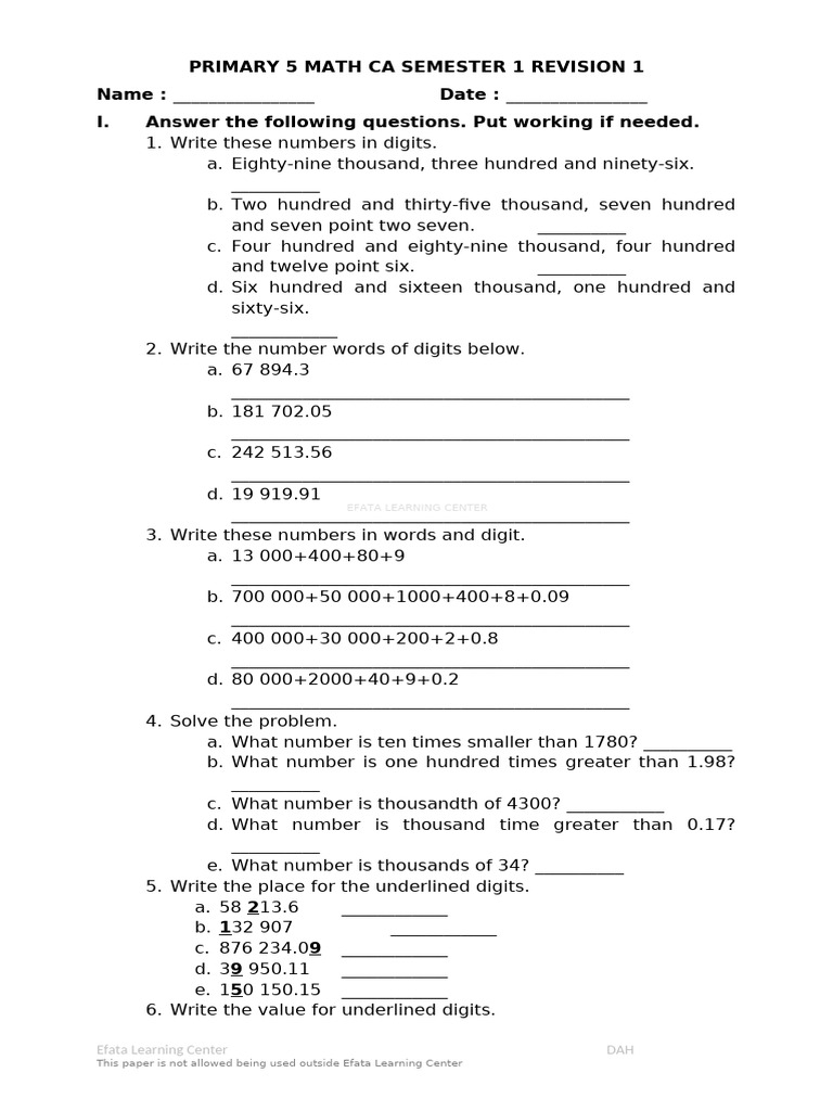 Primary 5 Math Revision Worksheet | PDF | Geometry | Euclidean Plane ...