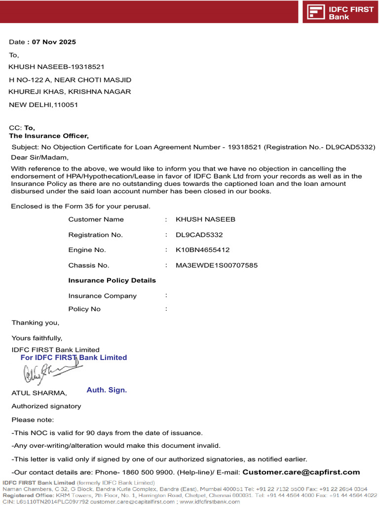 NOC for Loan Cancellation - IDFC Bank | PDF | Law Of Obligations ...