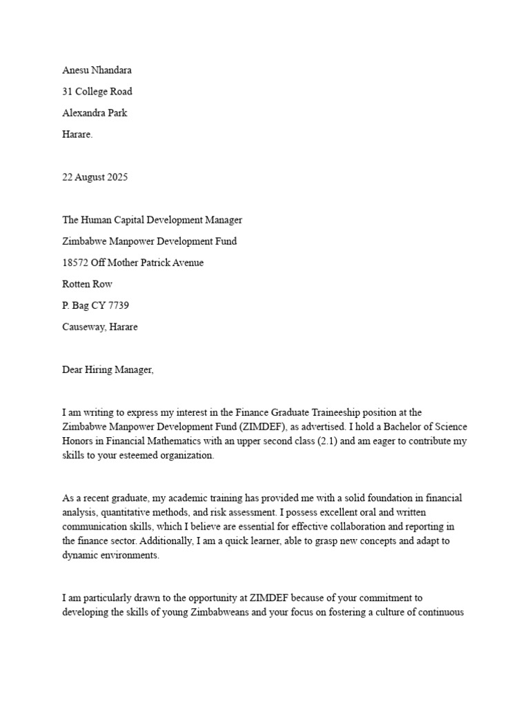 Anesu Nhandara Cover Letter ZIMDEF | PDF