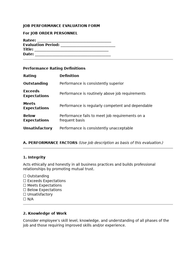 Job Performance Evaluation Form | PDF | Performance Appraisal ...