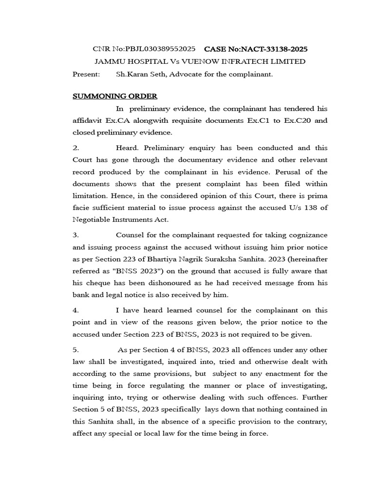 Summoning Order in NACT-33138-2025 Case | PDF | Complaint | Justice