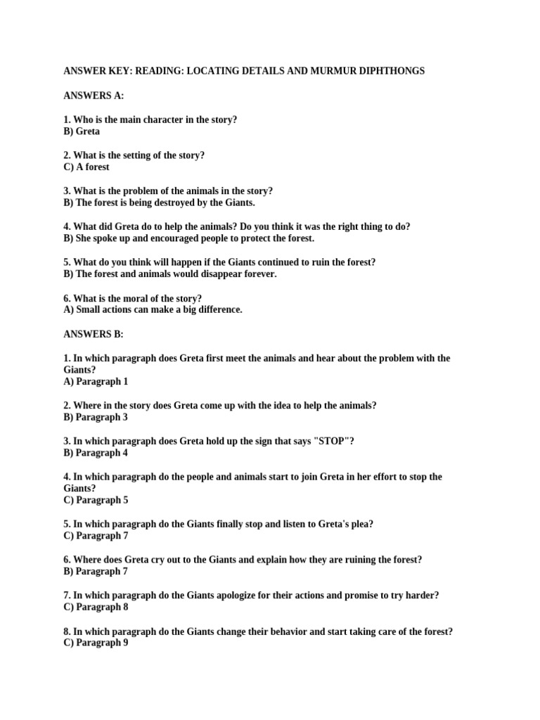 Reading - Locating Details and Murmur Diphtongs (ANSWER KEY) | PDF ...