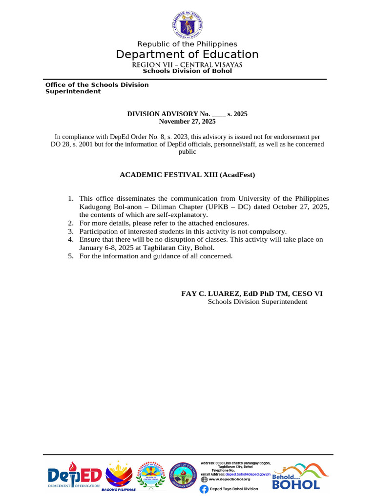 AcadFest XIII Advisory for Bohol Schools | PDF
