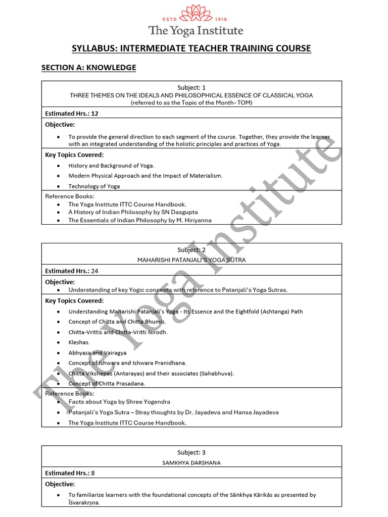 Intermediate Yoga Teacher Training Syllabus | PDF | Yoga | Asana