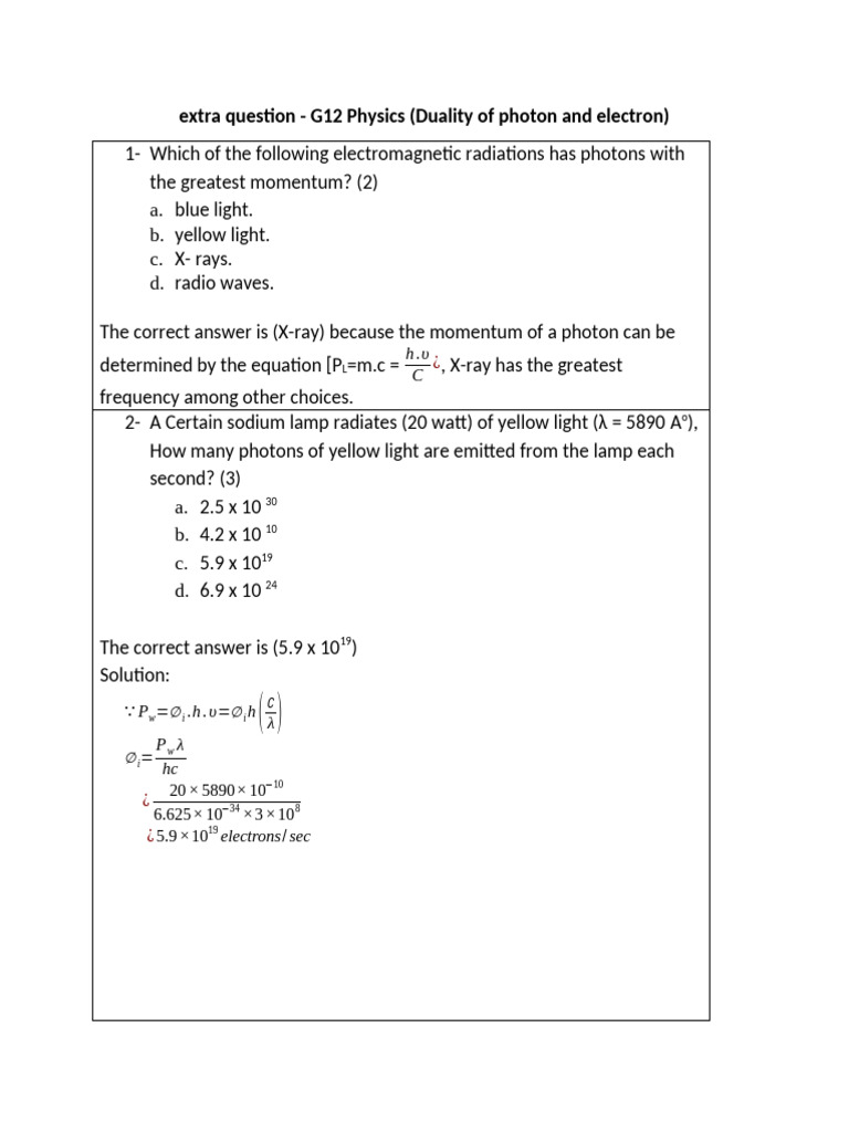 G12 Physics: Photon and Electron Duality Quiz | PDF | Electron | Photon