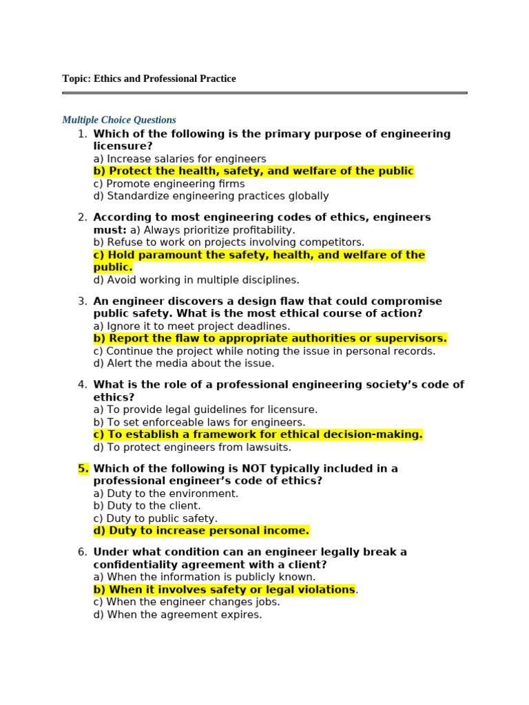 Ethics in Engineering: Quiz Questions | PDF | Engineer | Safety