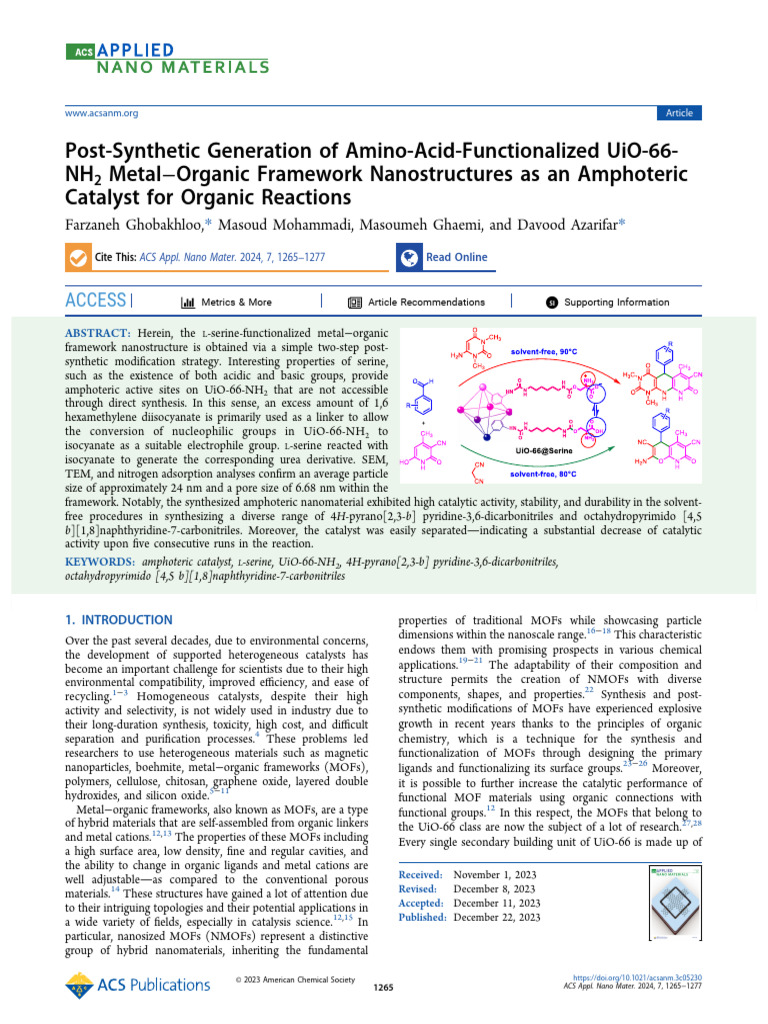Amino-Acid-Functionalized UiO-66 Catalyst | PDF | Catalysis | Chemical ...