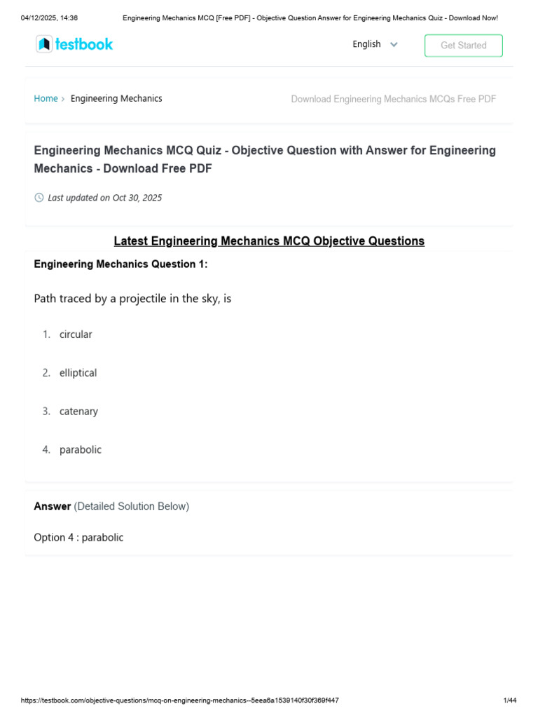 Engineering Mechanics MCQ [Free PDF] - Objective Question Answer for ...