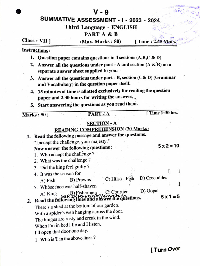 Class VII English Summative Assessment 2023-2024 | PDF | Helen Keller