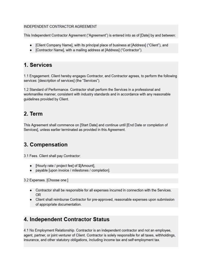 Independent Contractor Agreement Template | PDF | Indemnity | Employment