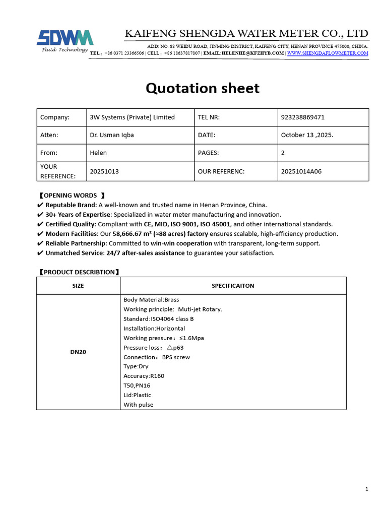 Ratory Water Meter Quotation -With Pulse (3) | PDF