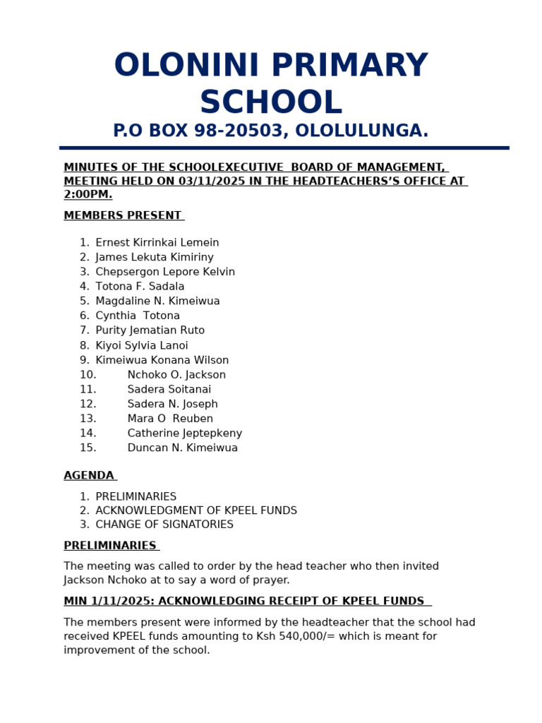 Olonini Primary School BOM Meeting Minutes | PDF