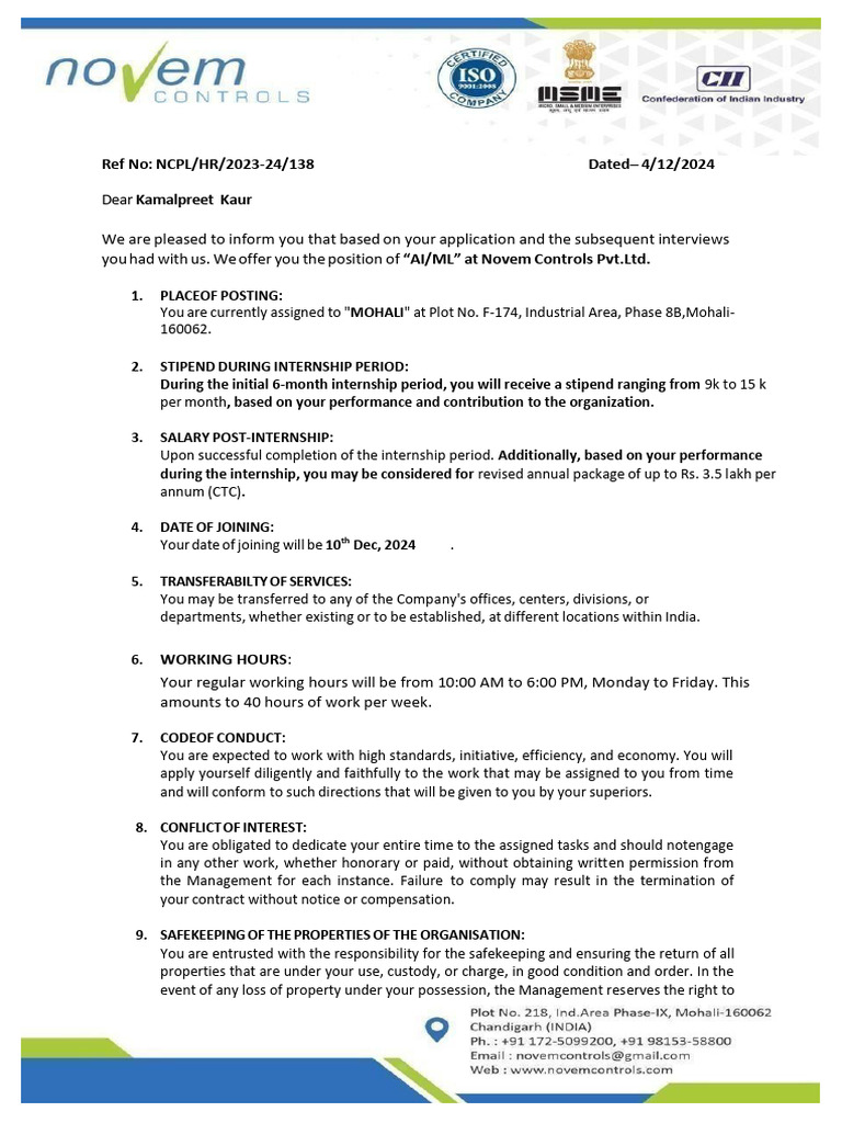 Kamalpreet Novem Offer Letter | PDF | Employment | Salary