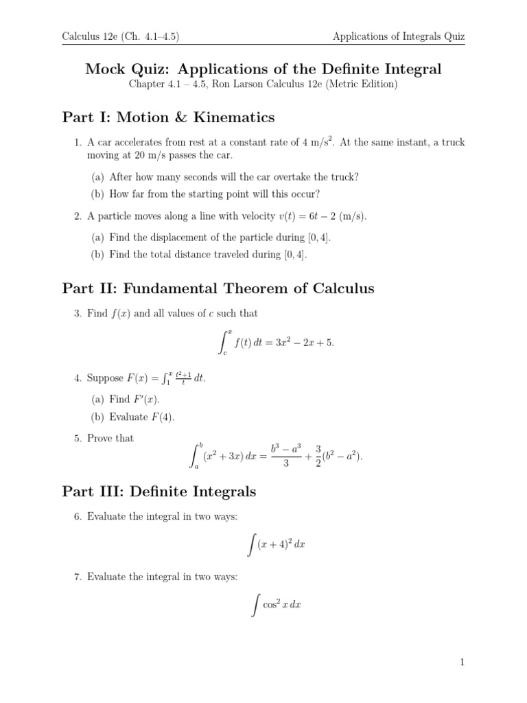 Applications of Integrals Quiz Guide | PDF | Integral | Calculus