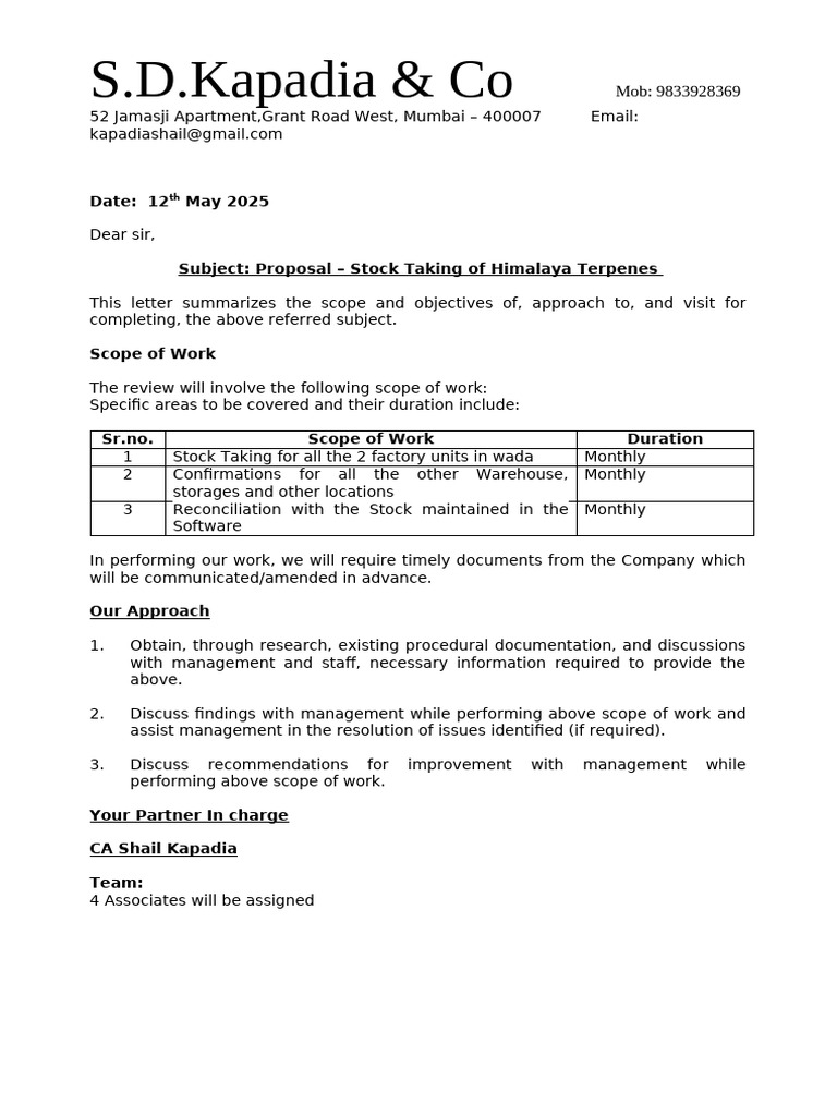 Stock Taking Proposal for Himalaya Terpenes | PDF