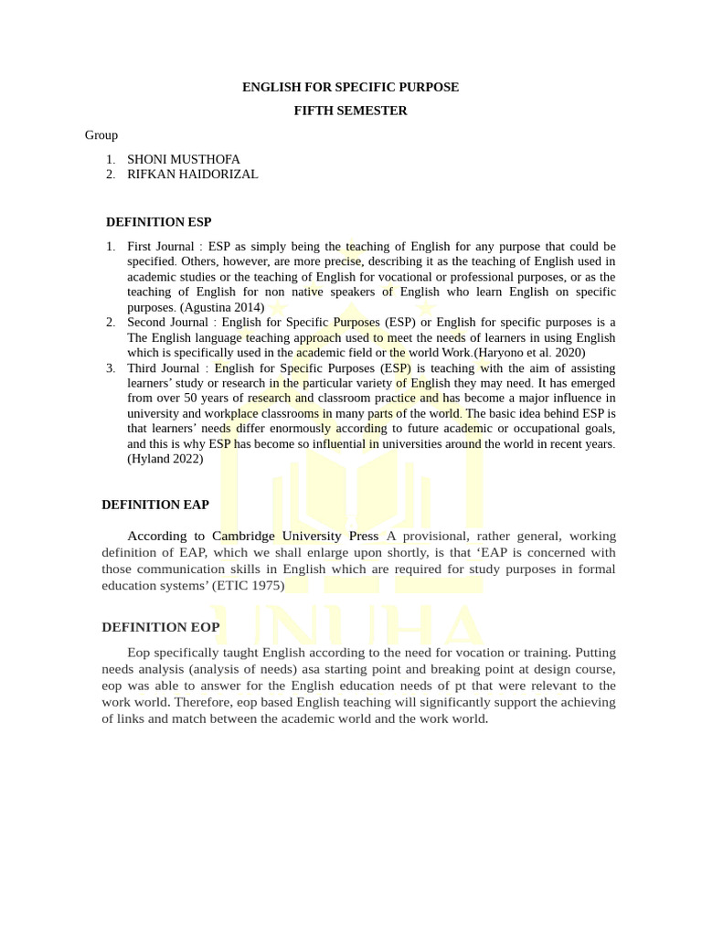 English for Specific Purpose | PDF | Learning | English Language