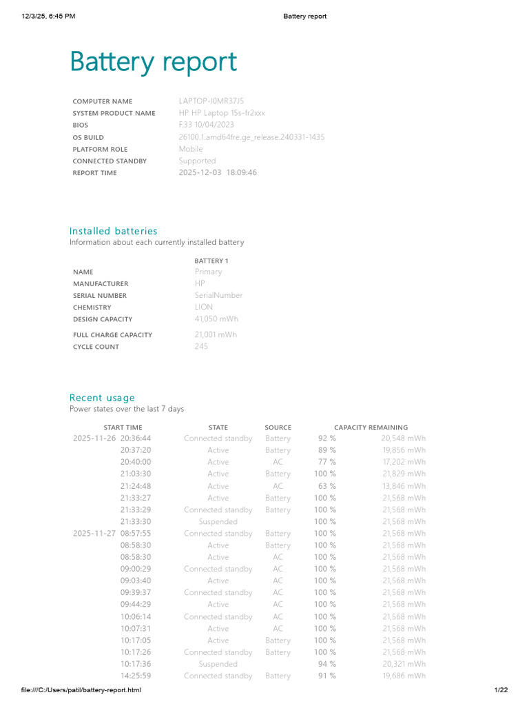 HP Laptop Battery Performance Report | PDF | Physical Quantities ...