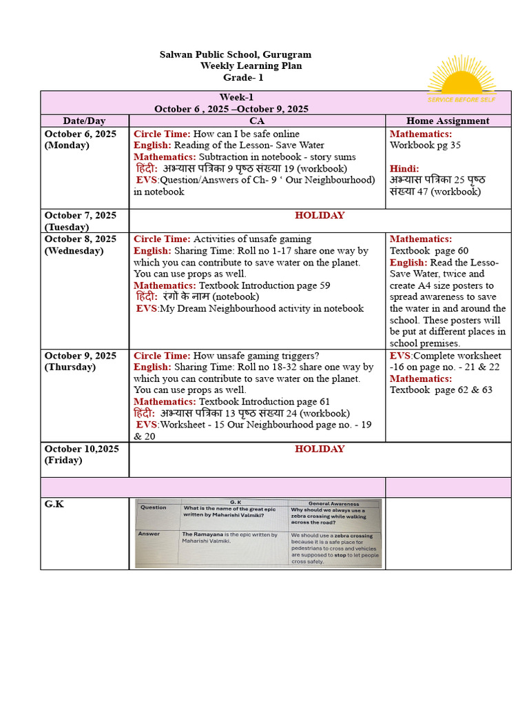 Grade 1-October First Week .Docx | PDF