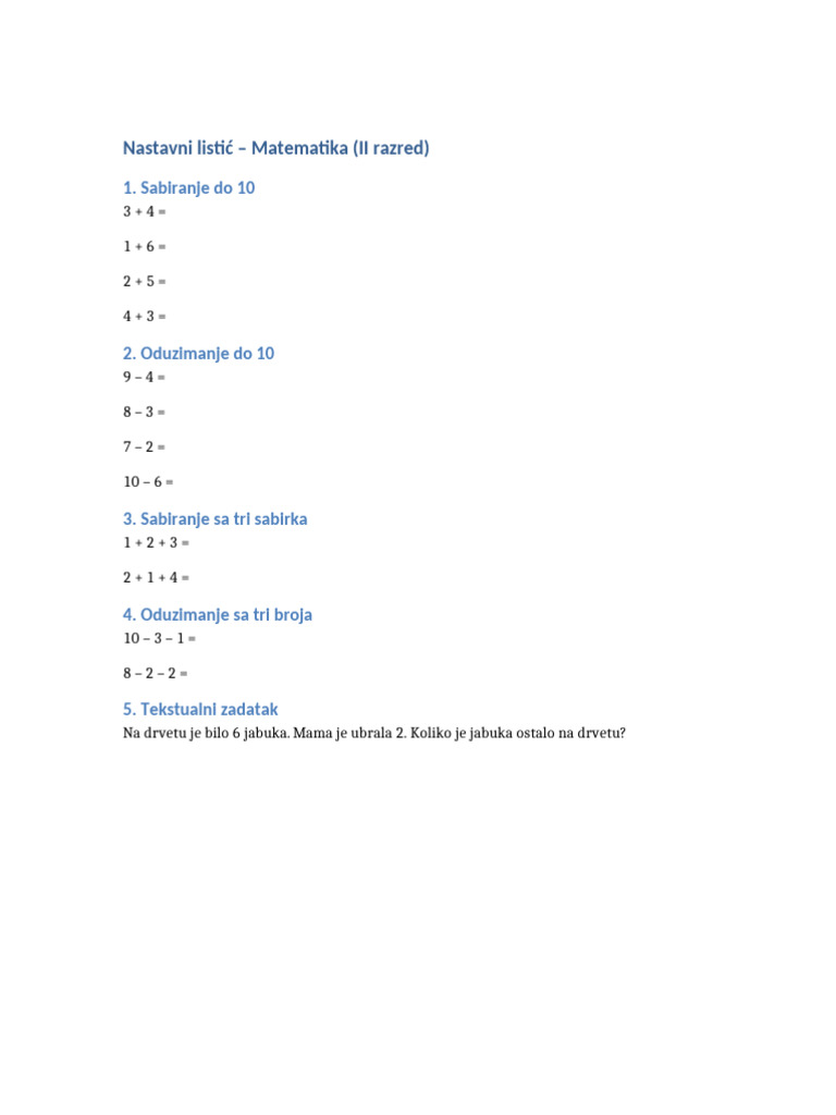 Nastavni Listic II Razred | PDF