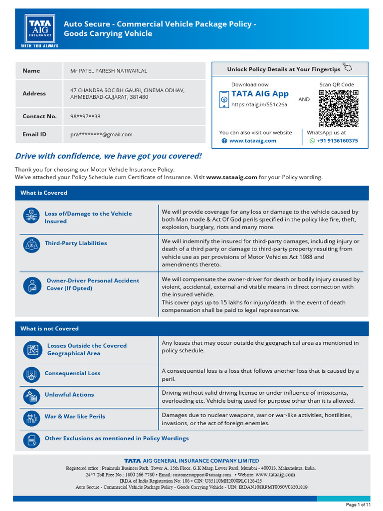 Tata AIG Motor Policy Schedule 3189 6303057139-00 | PDF | Insurance ...