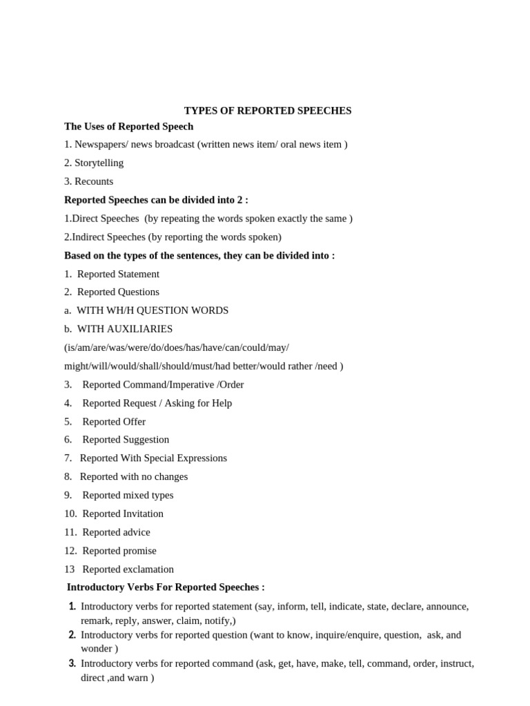 Understanding Reported Speech Types | PDF | Question | Grammar