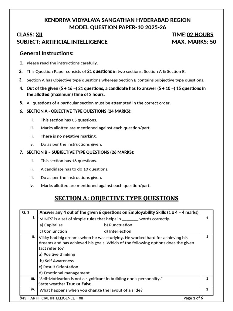 AI Class XII Model Question Paper 2025-26 | PDF | Artificial ...