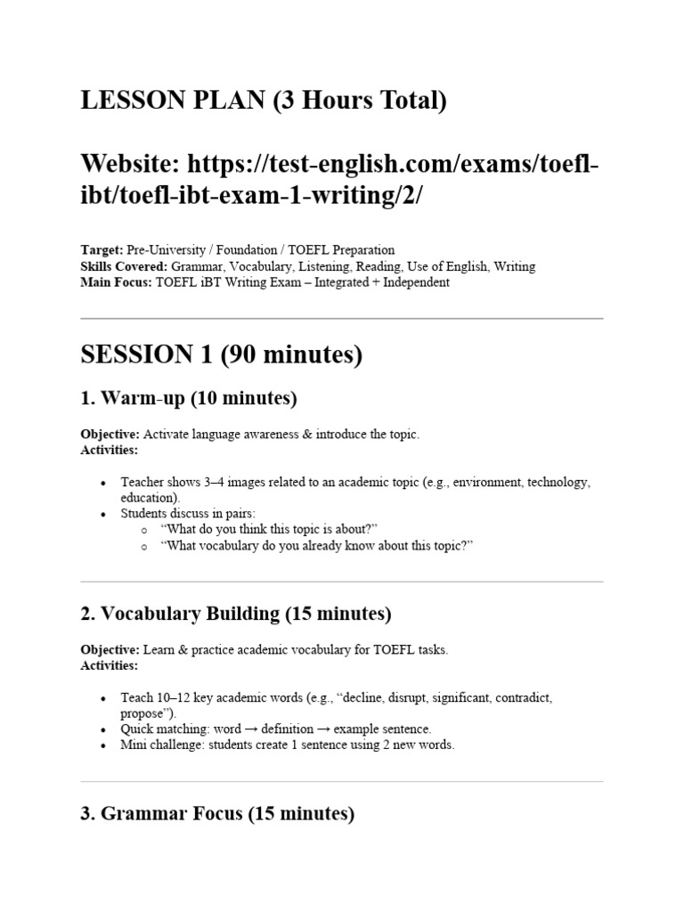 Lesson Plan TOEFL Meeting 14 and 15 (1) | PDF | Vocabulary | Essays