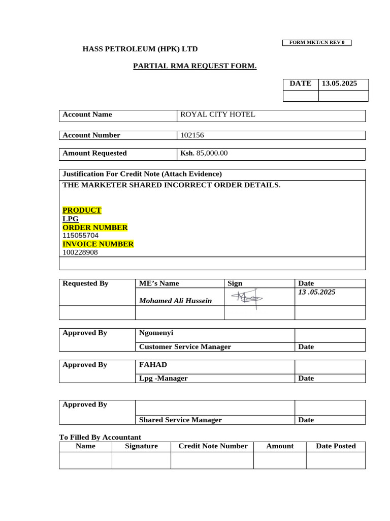 Credit Notes Request Form - Copy (3) | PDF