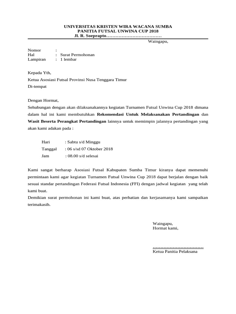 Permohonan Rekomendasi Futsal Unwina Cup 2018 | PDF