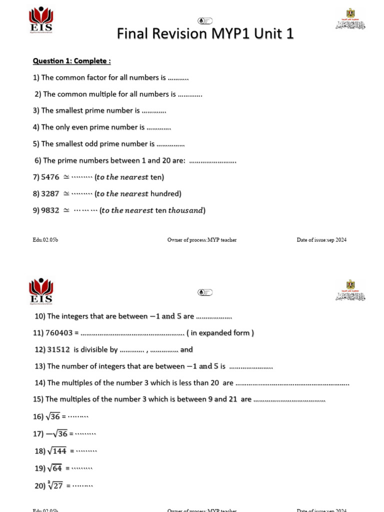 Final Revision MYP 1 Unit 1 2025 | PDF | Mathematical Objects | Mathematics