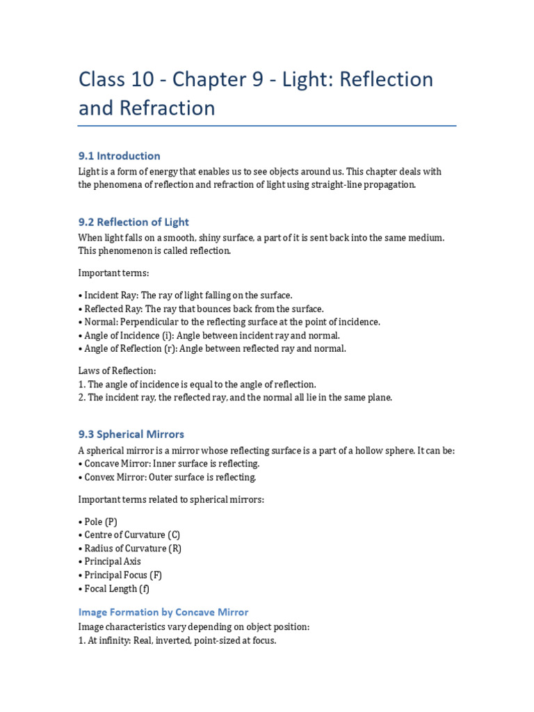 Chapter 9 - Light Classwork Notes | PDF | Mirror | Reflection (Physics)