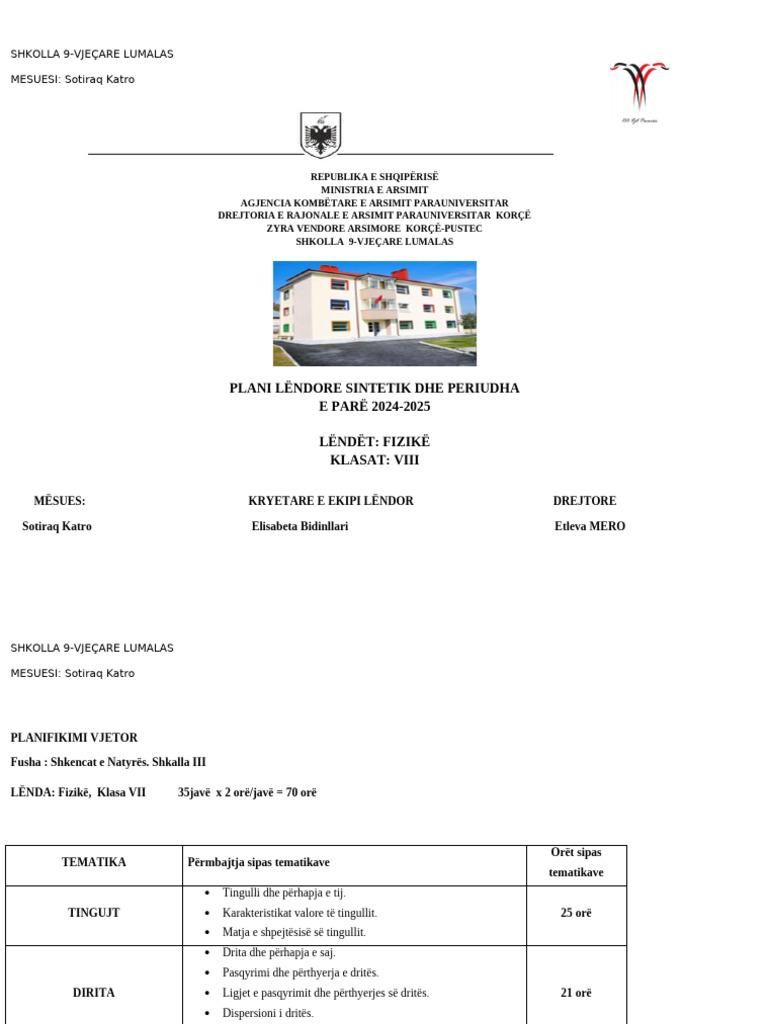 Plani 1 Fizika 8 Periudha 1 | PDF