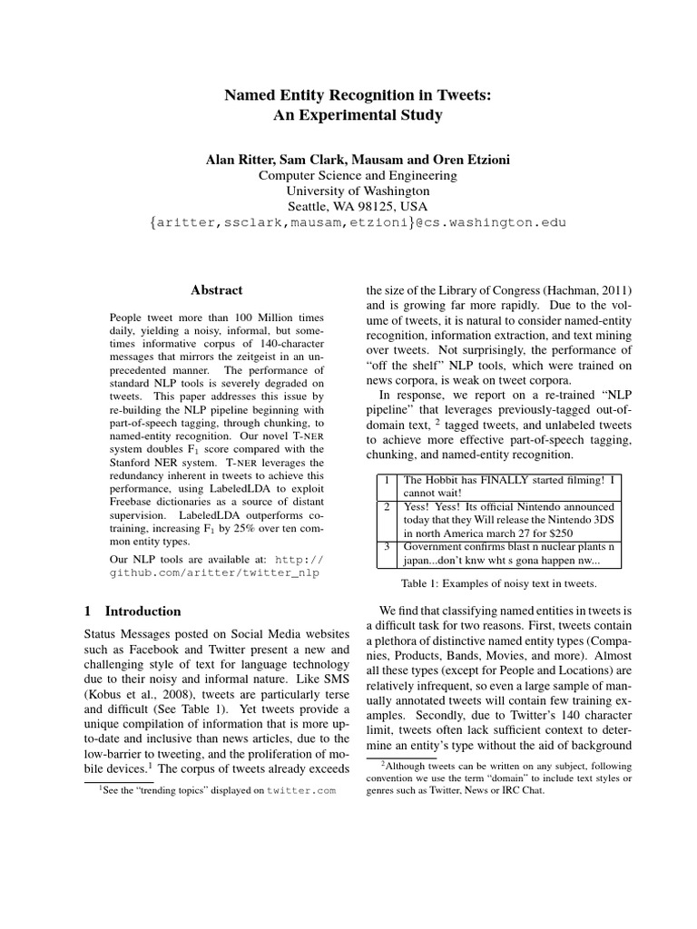 Named Entity Recognition in Tweets_2011 Copy | PDF | Cognitive Science ...