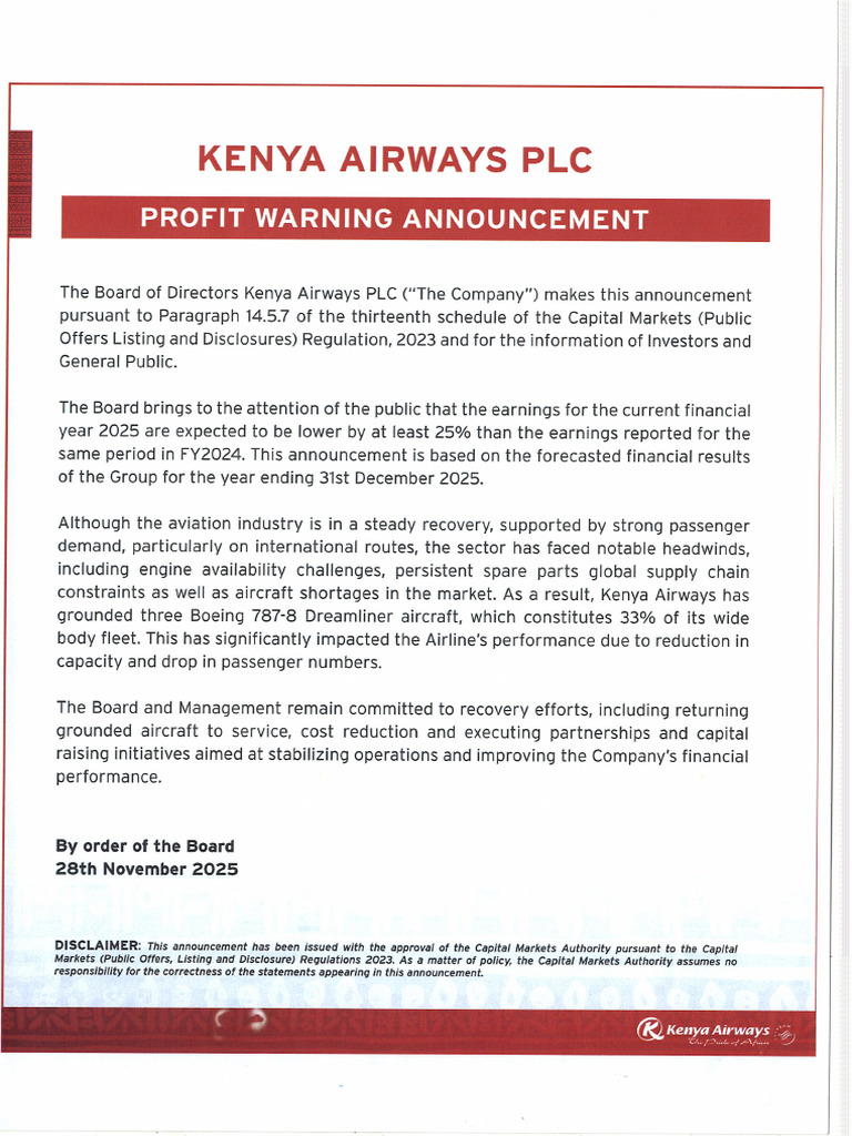 Kenya Airways PLC - Profit Warning Announcement | PDF