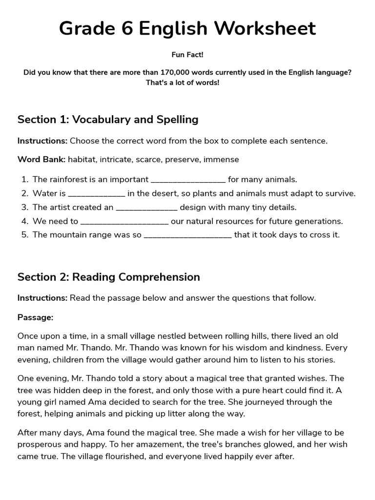 Grade-6-English-Worksheet Term 1 | PDF
