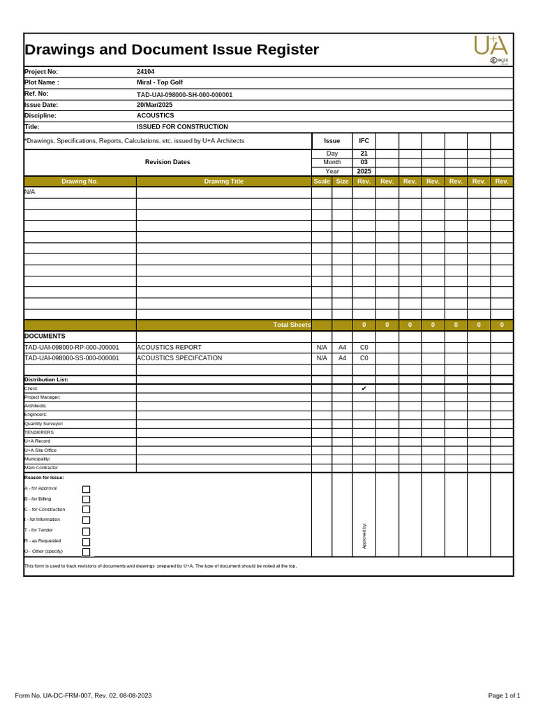 Tad Uai 098000 SH 000 000001 (c0) Drawing Issue Register Acoustics ...
