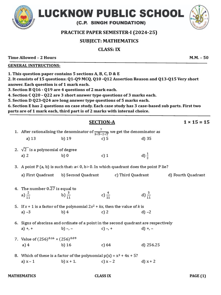 CLASS IX MATHEMATICS PRACTICE PAPER SEMESTER 1 | PDF | Cartesian ...