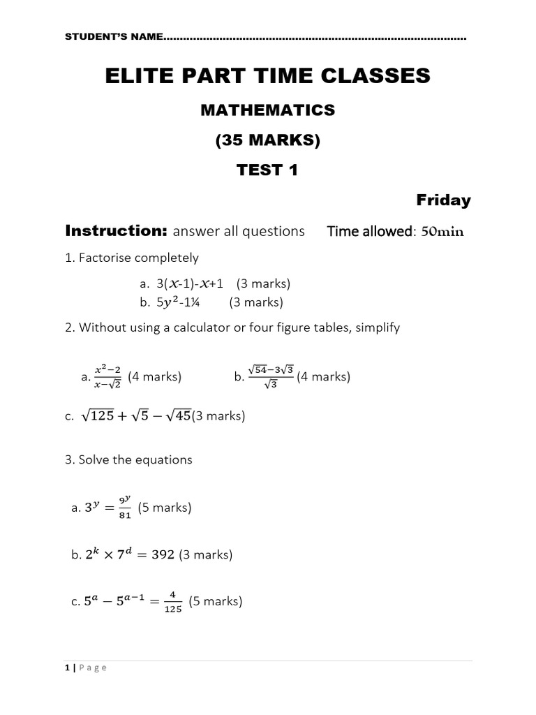 Mathematics Test 1: Elite Part-Time Classes | PDF